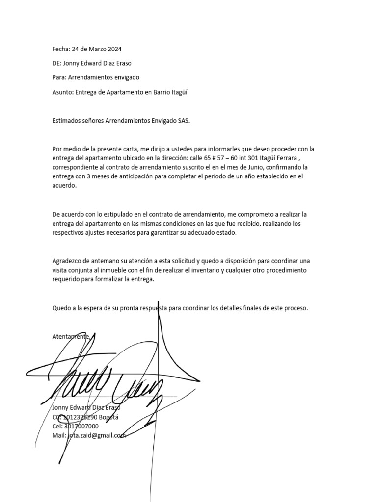 Carta Entrega de Apartamento | PDF