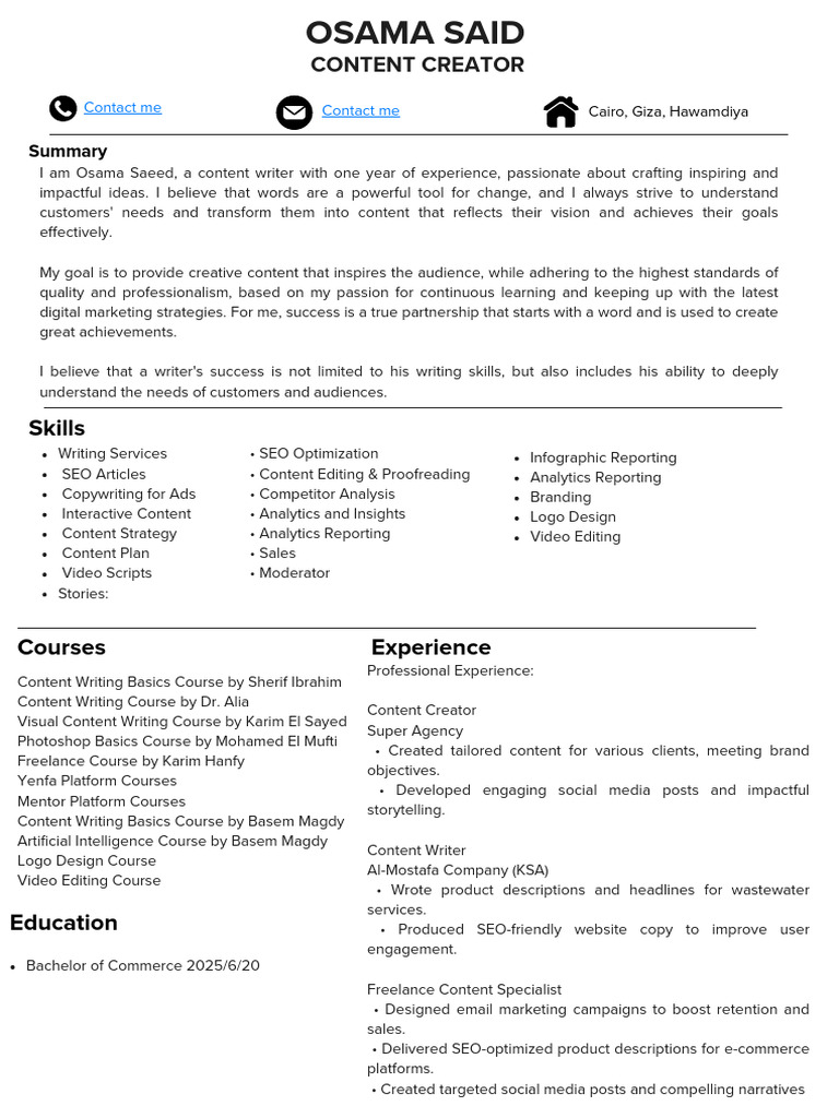 CV - Osama .Content Creator | PDF | Analytics | Marketing