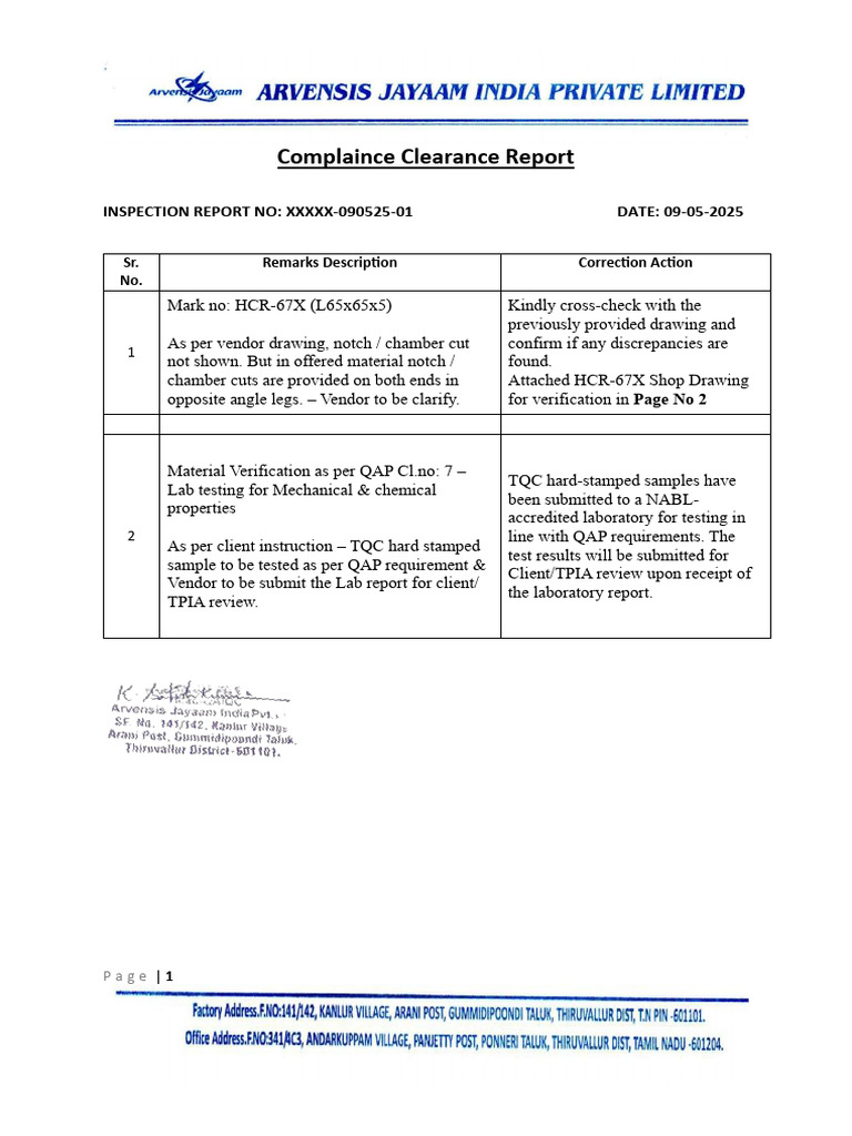 Compliance Clearance Inspection Report | PDF