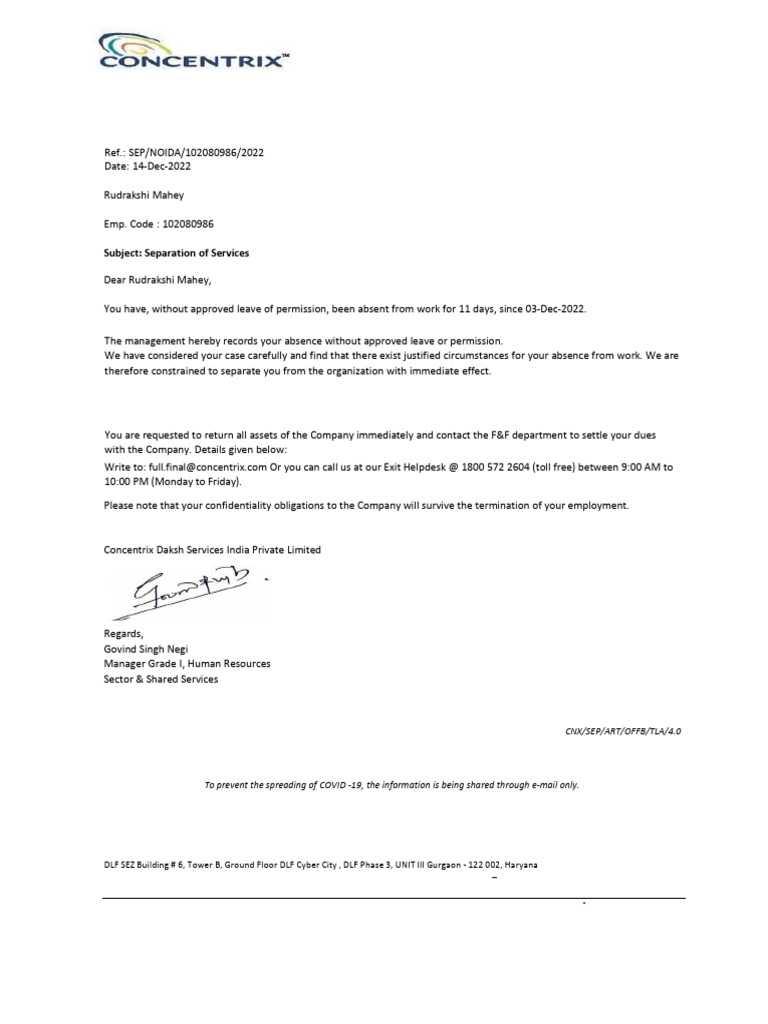102080986.14122022- Seperation Letter Concentrix | PDF