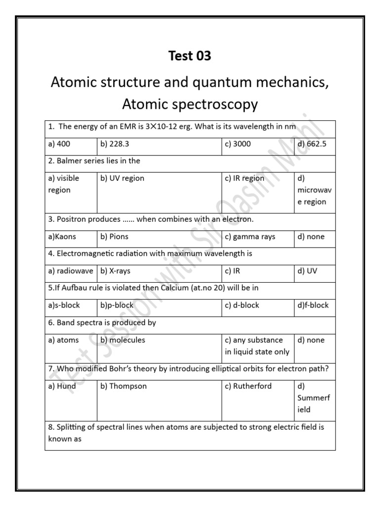 Test 03 Atomic Structure and Quantum Mechanics, Atomic Spectros | PDF ...