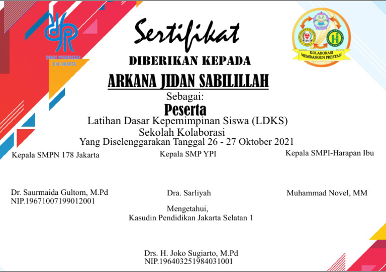 Sertifikat LDKS Sekolah Kolaborasi | PDF