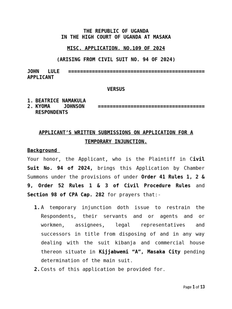 Lule's Application for Temporary Injunction | PDF | Lawsuit | Injunction