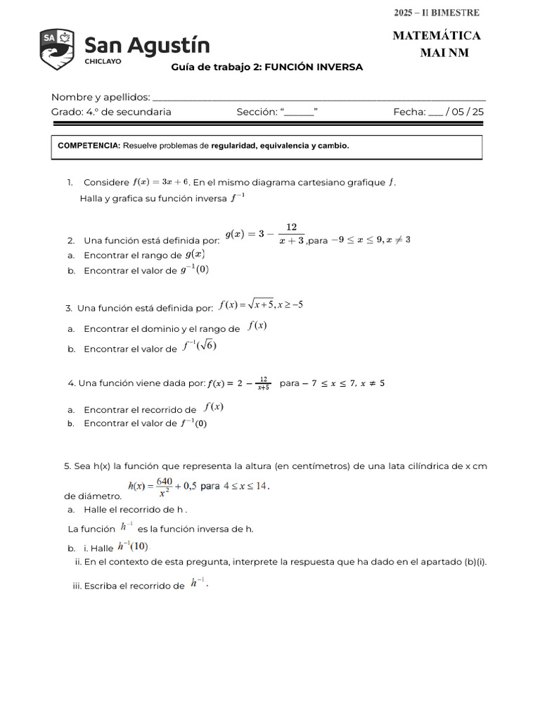 4.°SEC_MAI_IIBIM2025_GUIA 2_FUNCION INVERSA | PDF