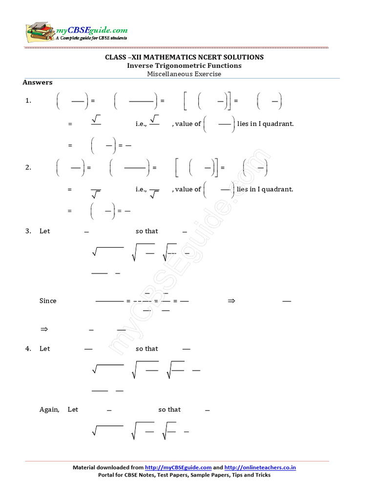 12 Mathematics Ncert ch02 Inverse Trigonometric Functions Misc Sol | PDF | Trigonometric ...