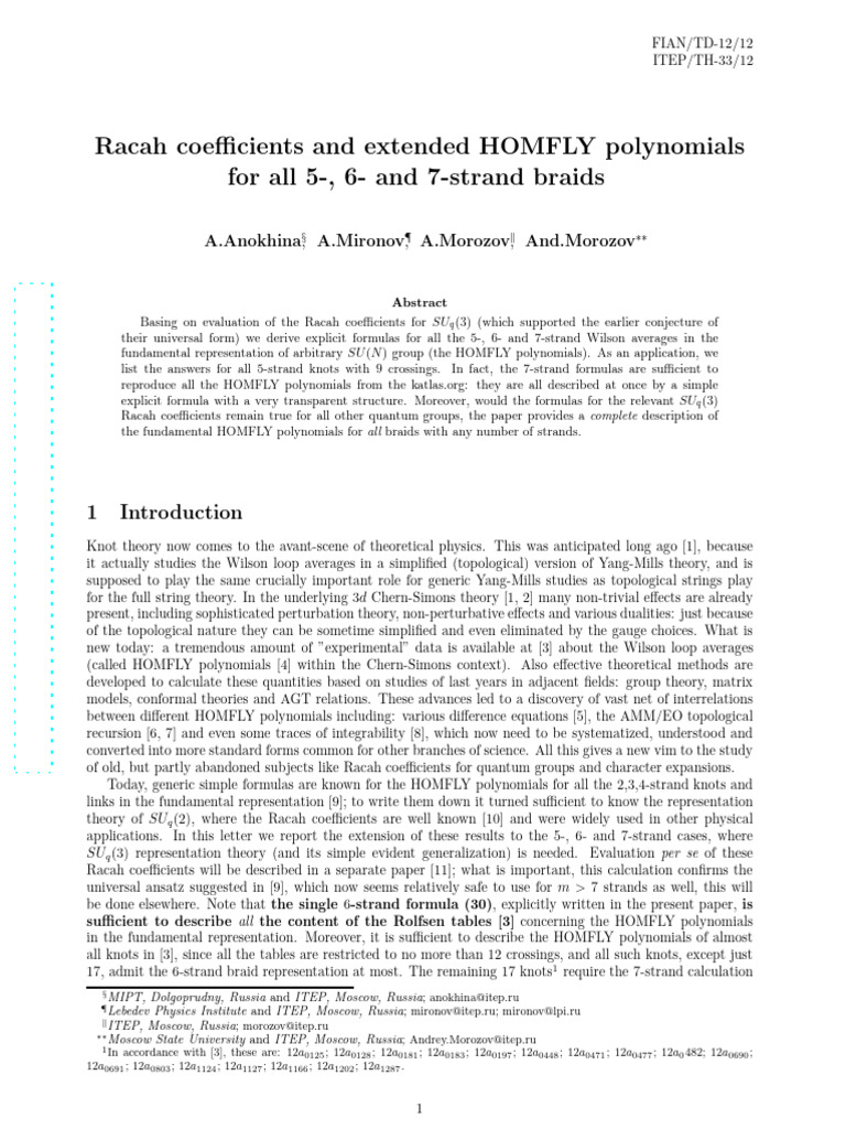 Racah Coefficients and Extended HOMFLY Polynomials For All 5-, 6-And 7 ...