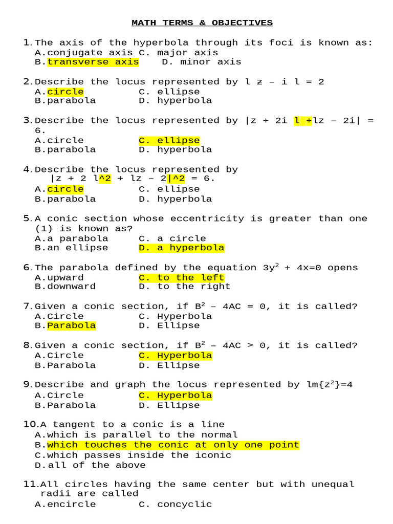 Math Terms With Answer Key | PDF | Ellipse | Triangle