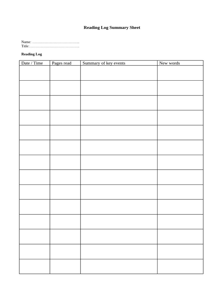 Henri STOURZDA - Reading Log Summary Sheet | PDF