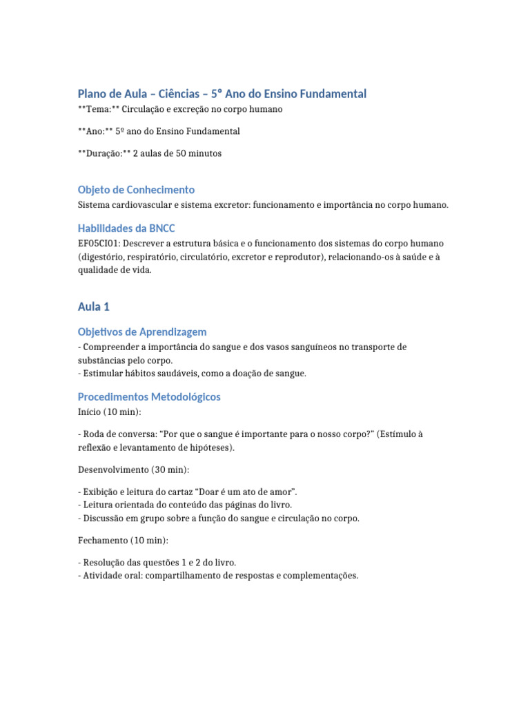 Plano de Aula Ciencias 5 Ano Aulas Separadas | PDF