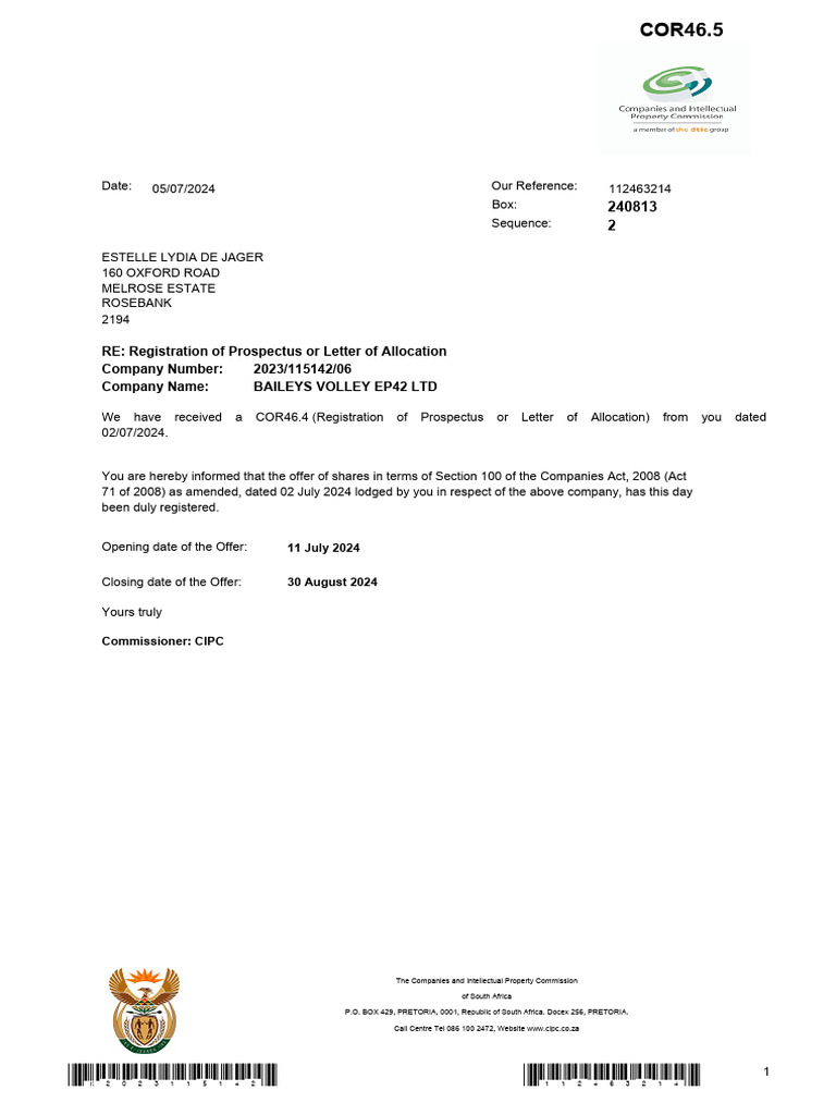 Volley Baileys - Reg Cert | PDF