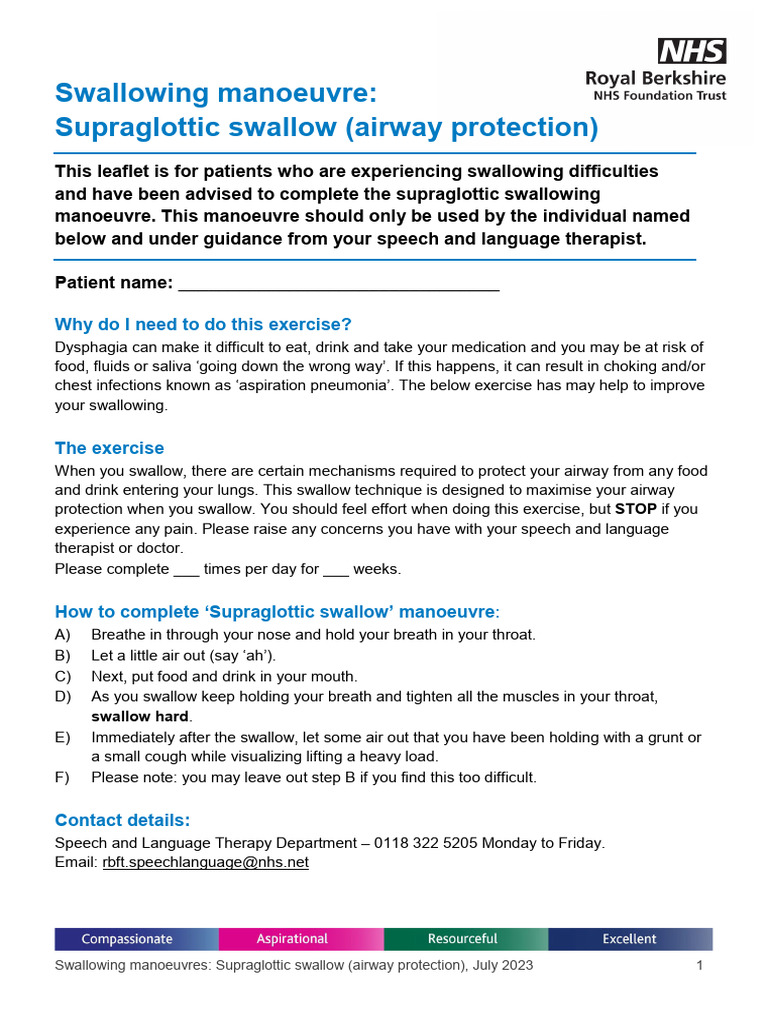 Supraglottic Swallowing Maneuver Guide | PDF | Human Diseases And ...