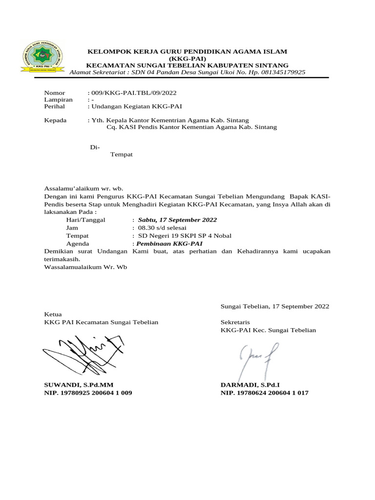 UNDANGAN KKG 15 Oktober 2022 - Kasi PAIS - Copy | PDF