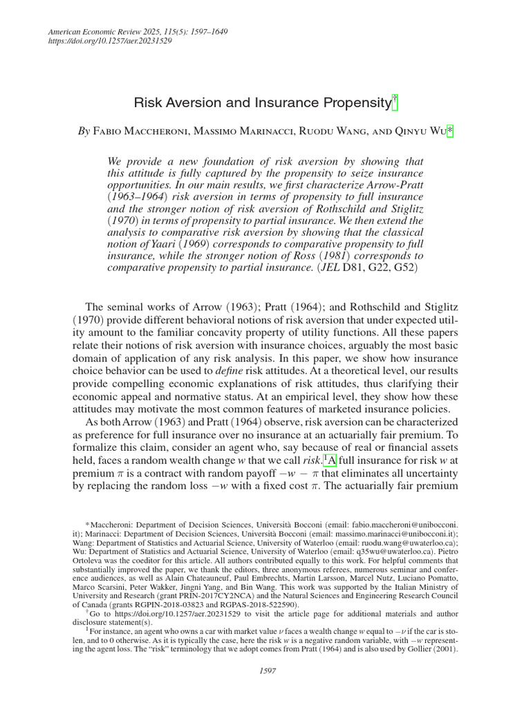 maccheroni-et-al-2025-risk-aversion-and-insurance-propensity | PDF | Risk Aversion | Insurance