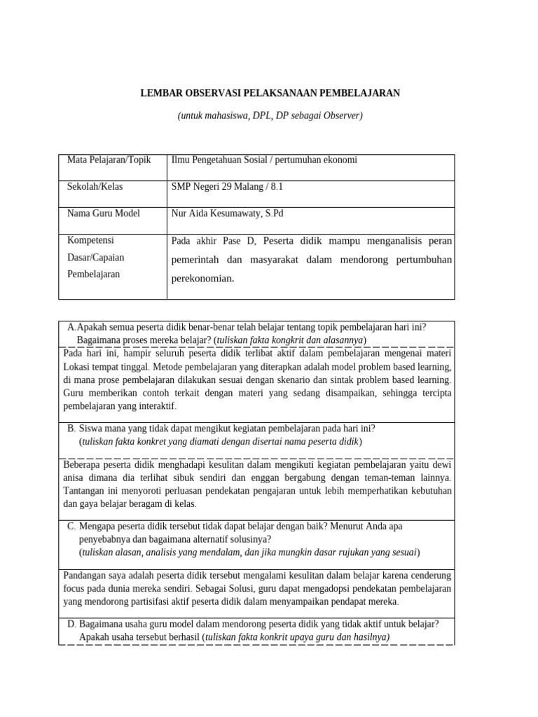 01.05.6-B4-5 Unggah LK 4 - Lembar Observasi Pembelajaran Observer - Siklus 1 | PDF