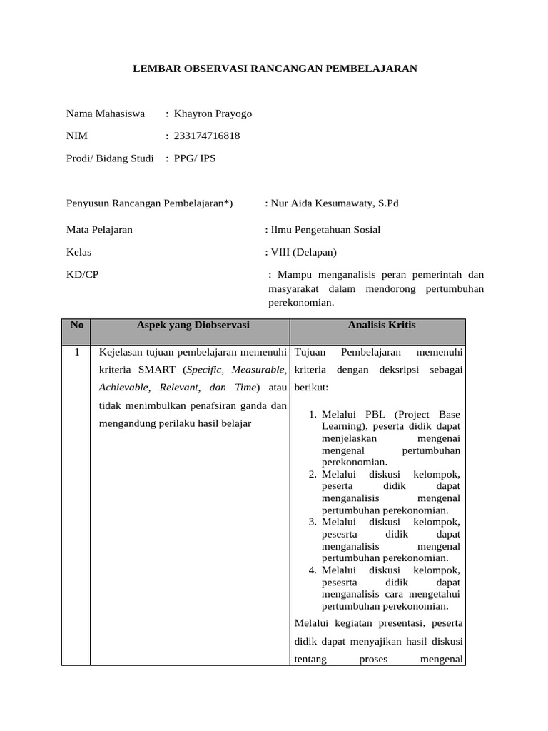 01.05.6-B4-4 Unggah LK 3 - Lembar Observasi rancangan dan perangkat pembelajaran - Siklus 1 | PDF