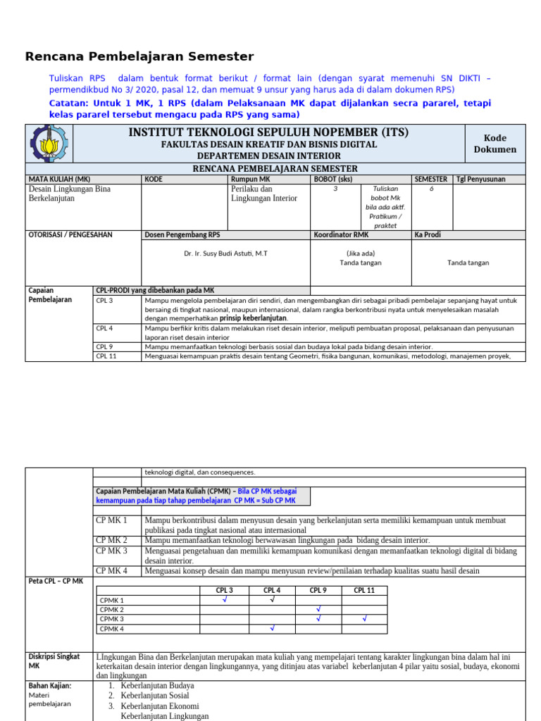 Rencana Pembelajaran Semester Desain Interior | PDF
