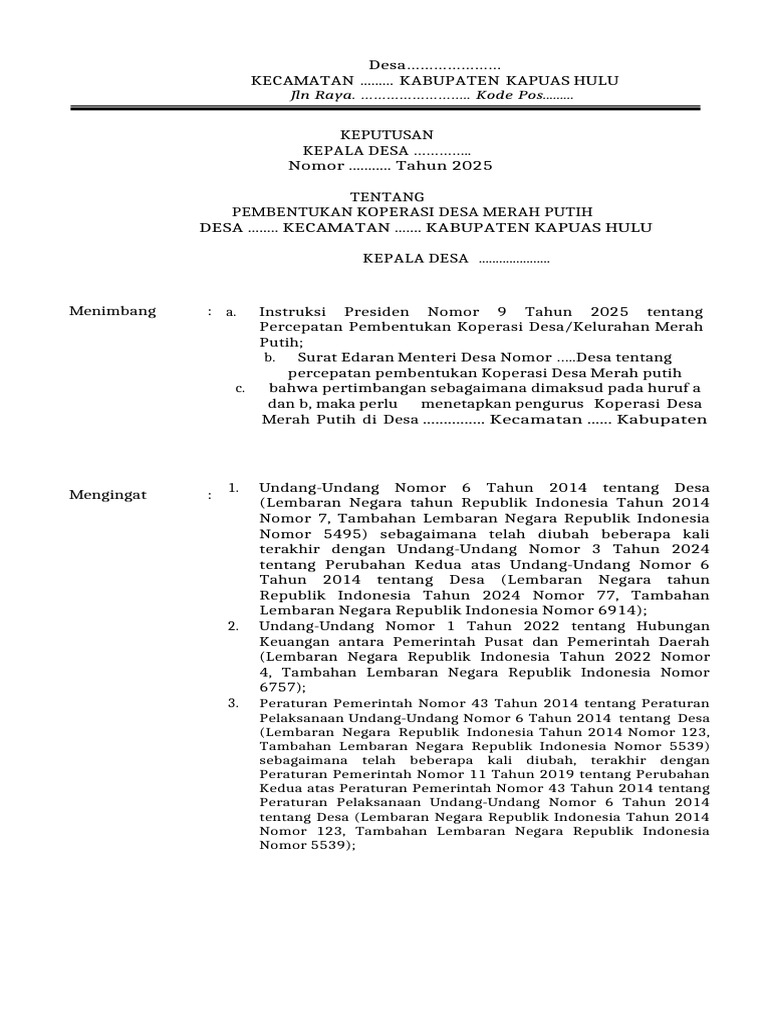 DRAFT-SK Pengurus Kopdes Merah Putih | PDF