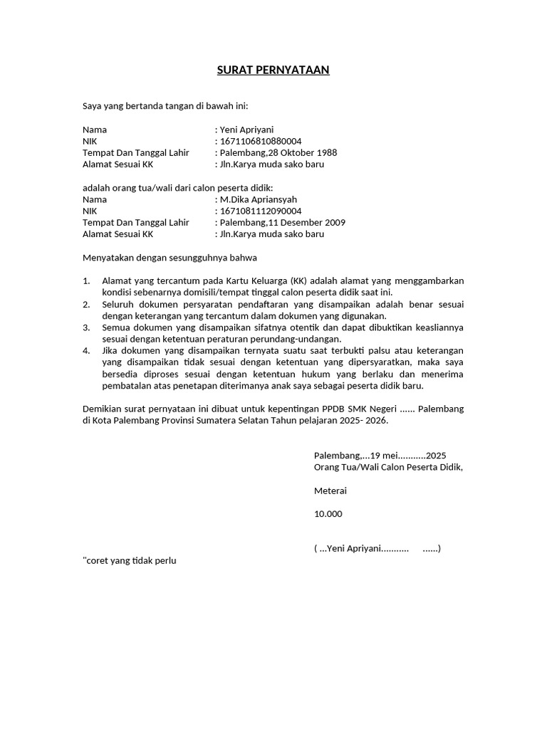 SURAT PERNYATAAN Keaslian Berkas PPDB | PDF
