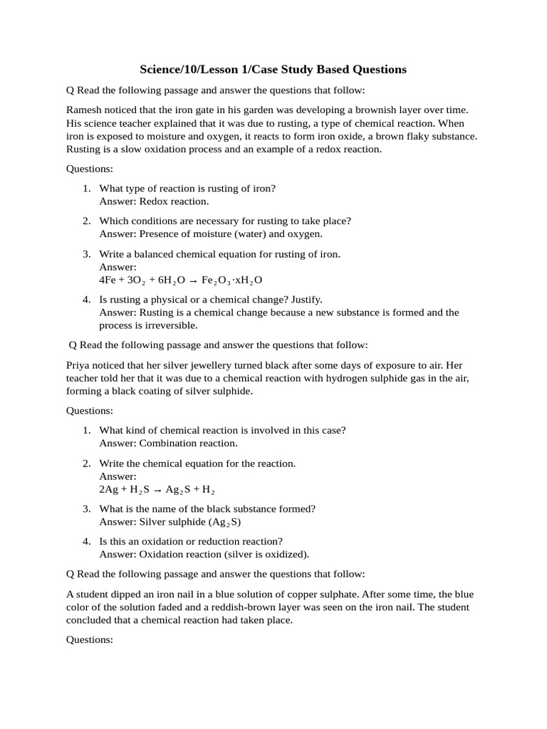Chemical Reactions Case Study Questions | PDF | Redox | Rust