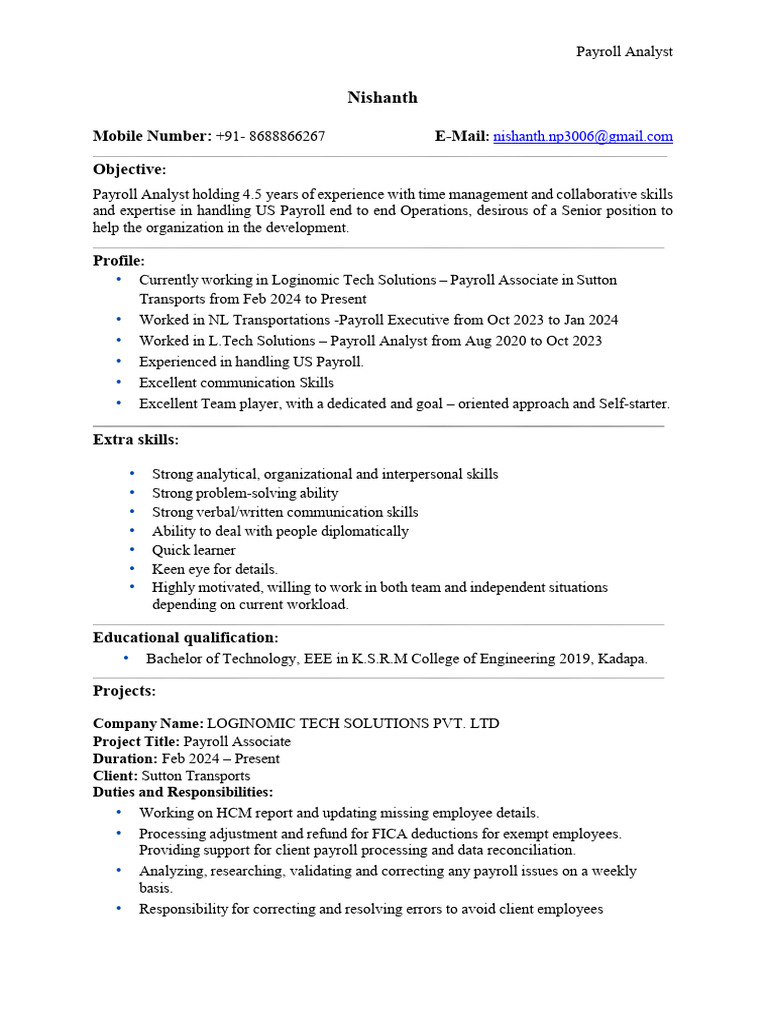 US Payroll Analyst with 4.5 Years Experience | PDF | Payroll | Business