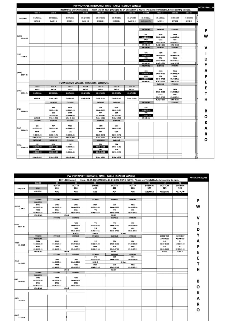 PW - 21.04 To 27.04.2025 Both Timetable | PDF