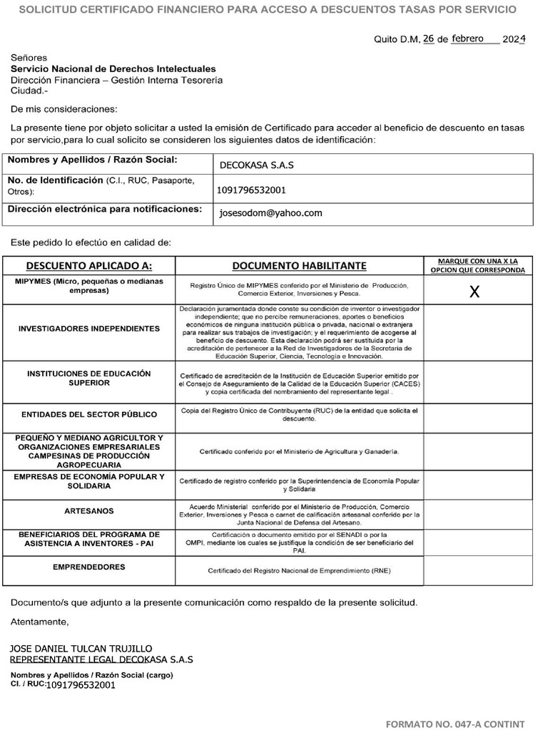 Solicitud de Descuento Mipymes | PDF