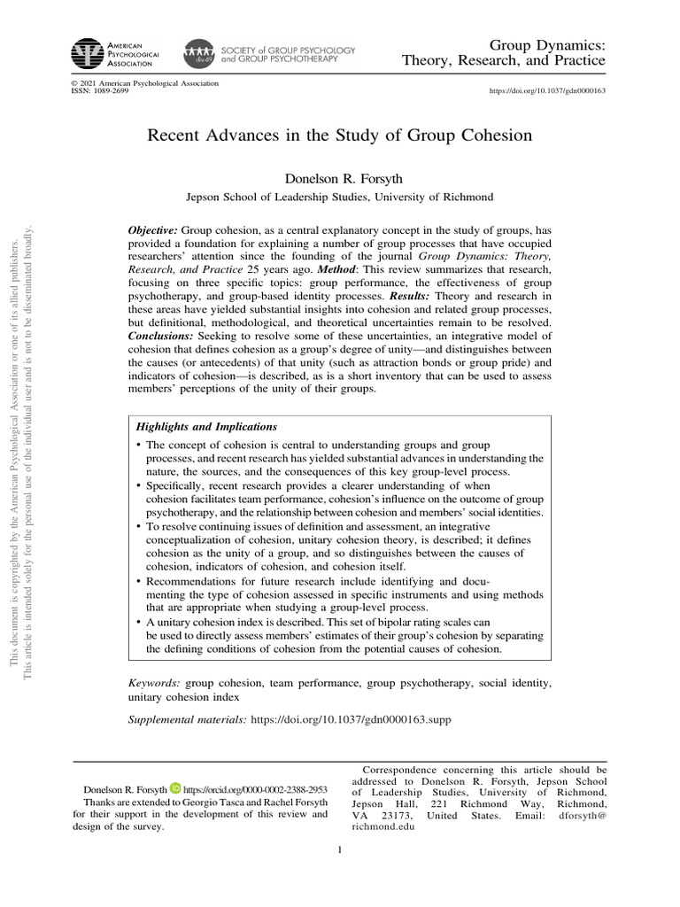Advances in Group Cohesion Research | PDF | Group Cohesiveness | Psychology
