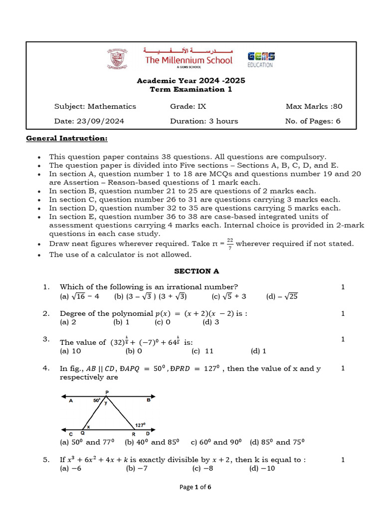 Gr9_Math_Term 1_Question paper | PDF | Area | Cartesian Coordinate System
