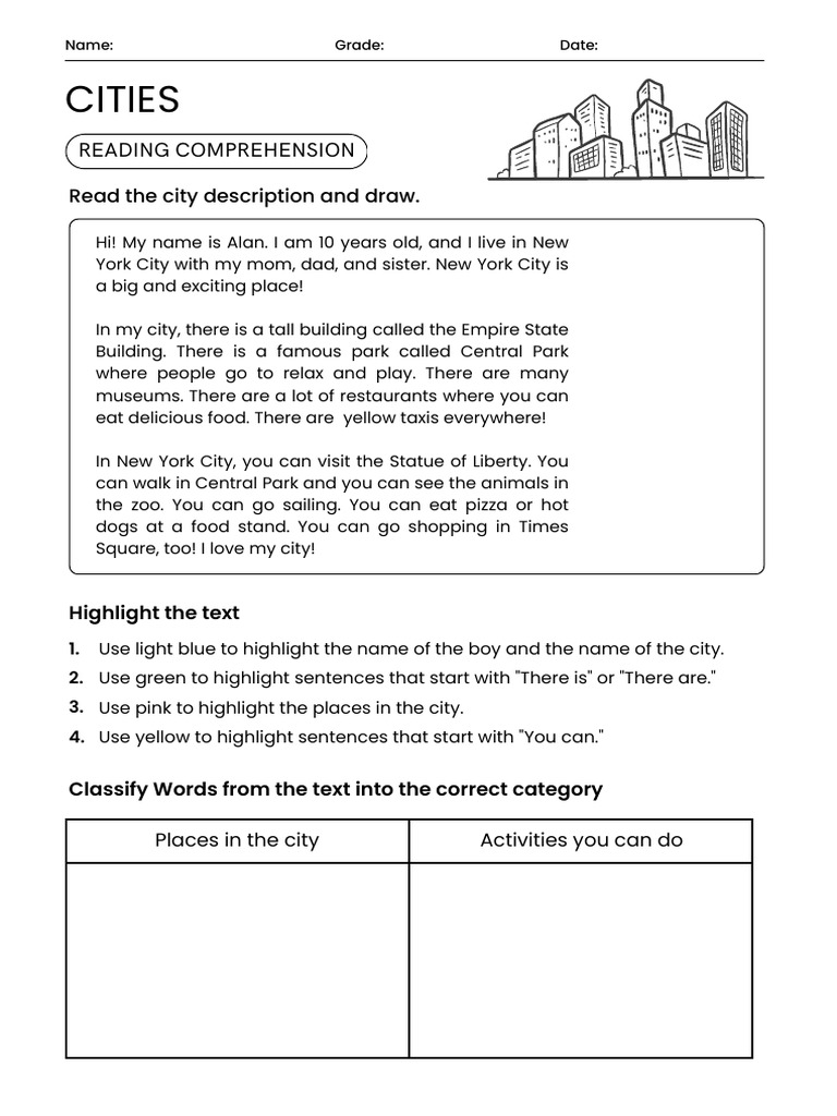 Cities Reading Comprehension and Writing Activity Worksheet in ...