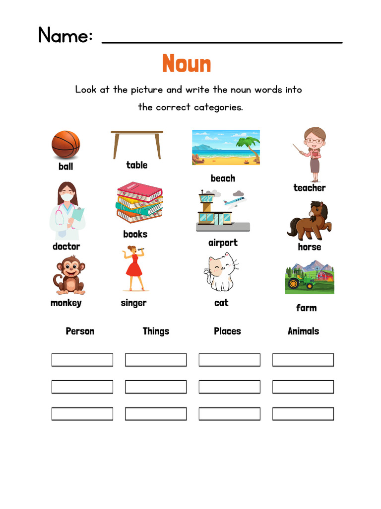 Colorful Illustrative Noun English Worksheet | PDF