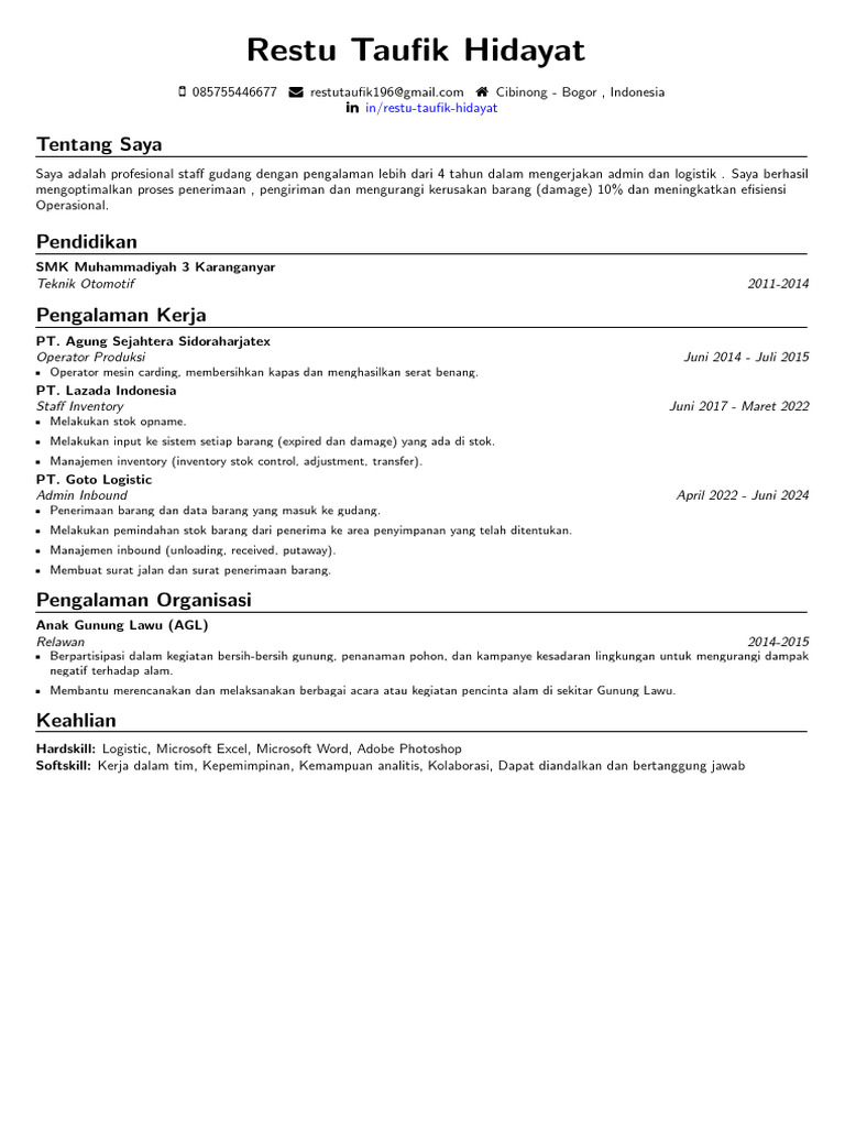 CV Restu Taufik Hidayat | PDF