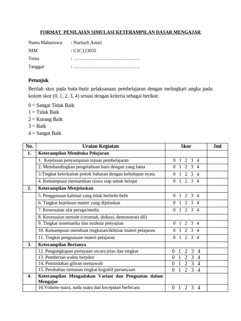 Format Penilaian Simulasi Keterampilan Dasar Mengajar | PDF