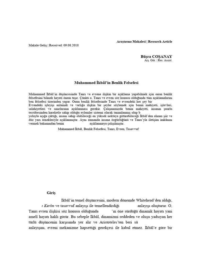Muhammed İkbali̇n Benli̇k Felsefesi̇ | PDF