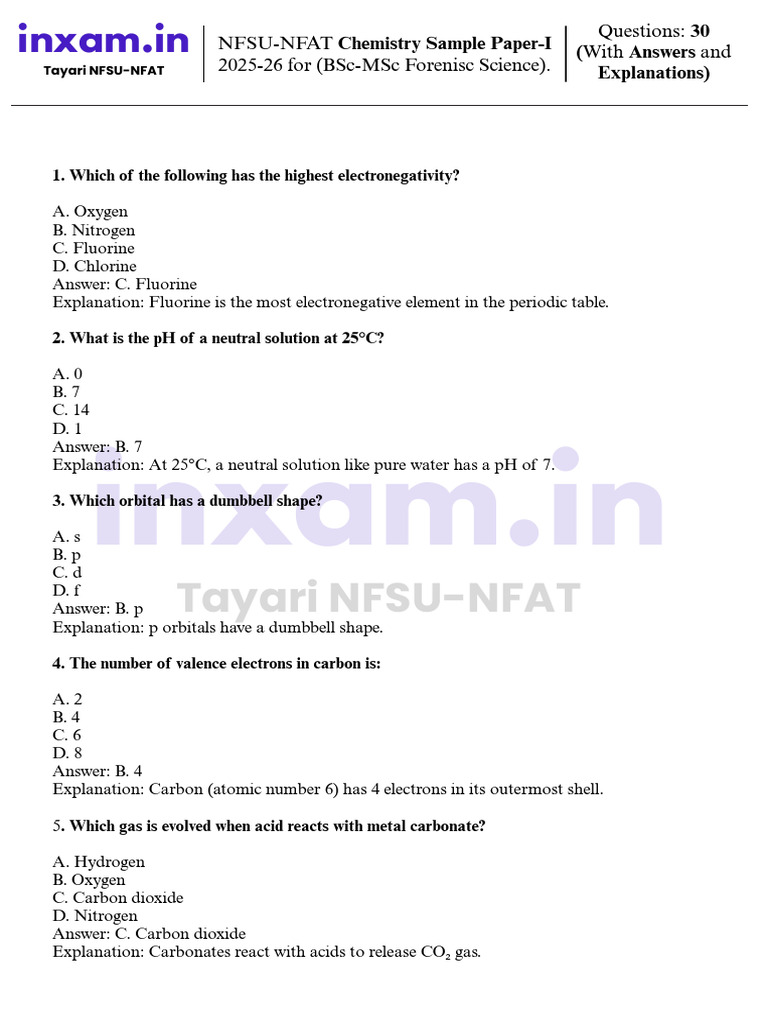 NFAT Chemistry Sample Paper 2025-26 | PDF | Chlorine | Redox