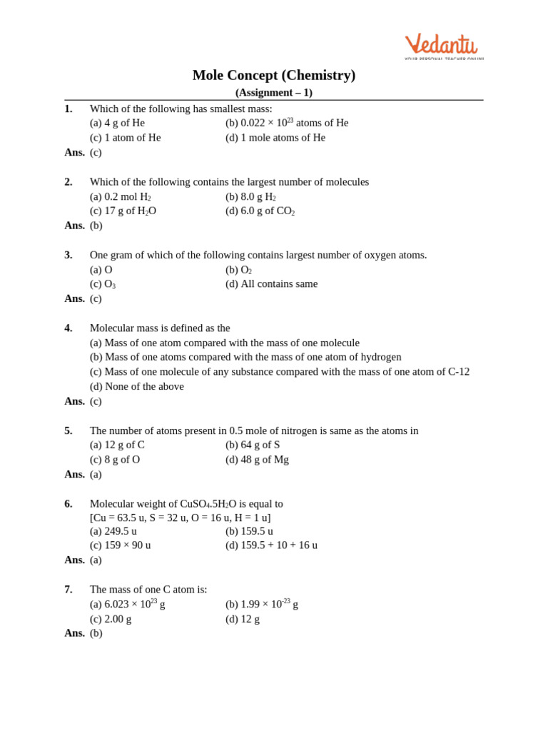 Mole Concept - Assignment | PDF