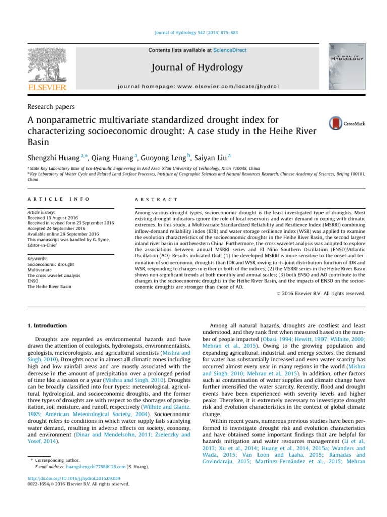A Nonparametric Multivariate Standardized Drought Index For Characterizing Socioeconomic Drought ...