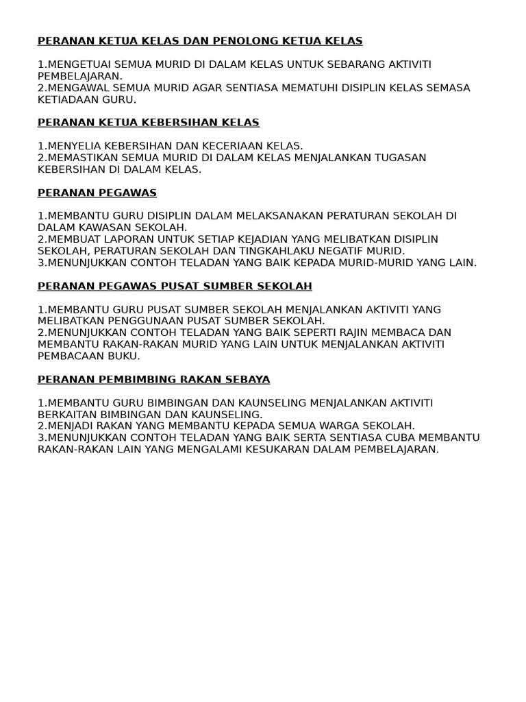 Peranan Ketua Kelas Dan Penolong Ketua Kelas | PDF