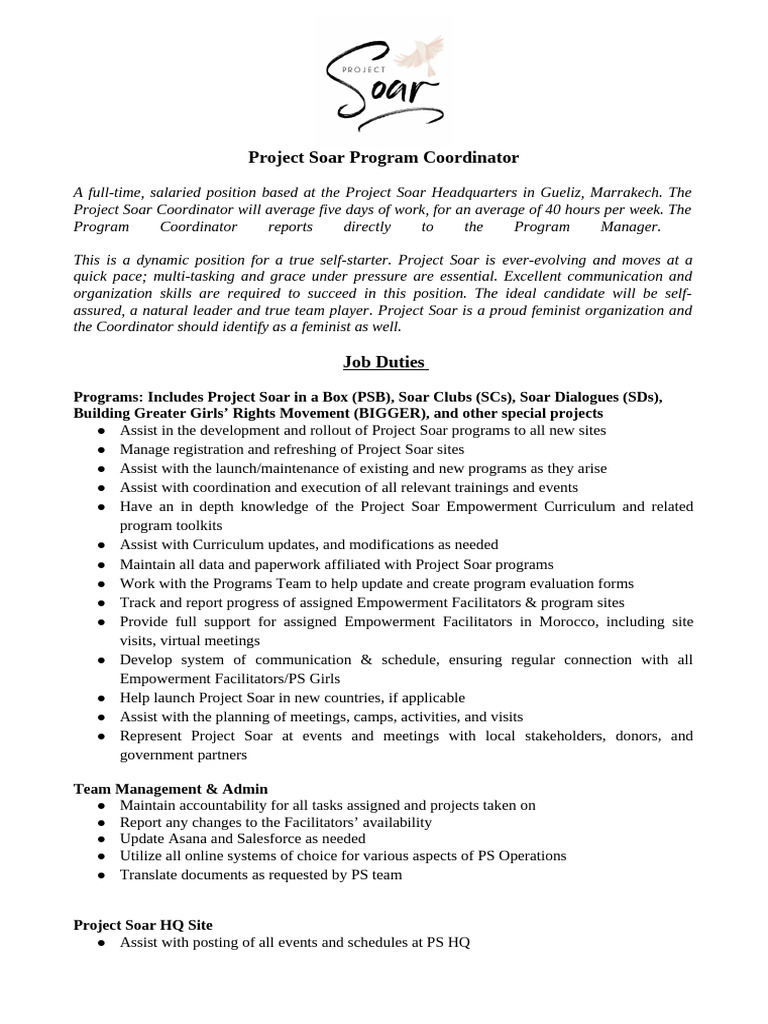 Project Soar Program Coordinator Job Description | PDF | Business