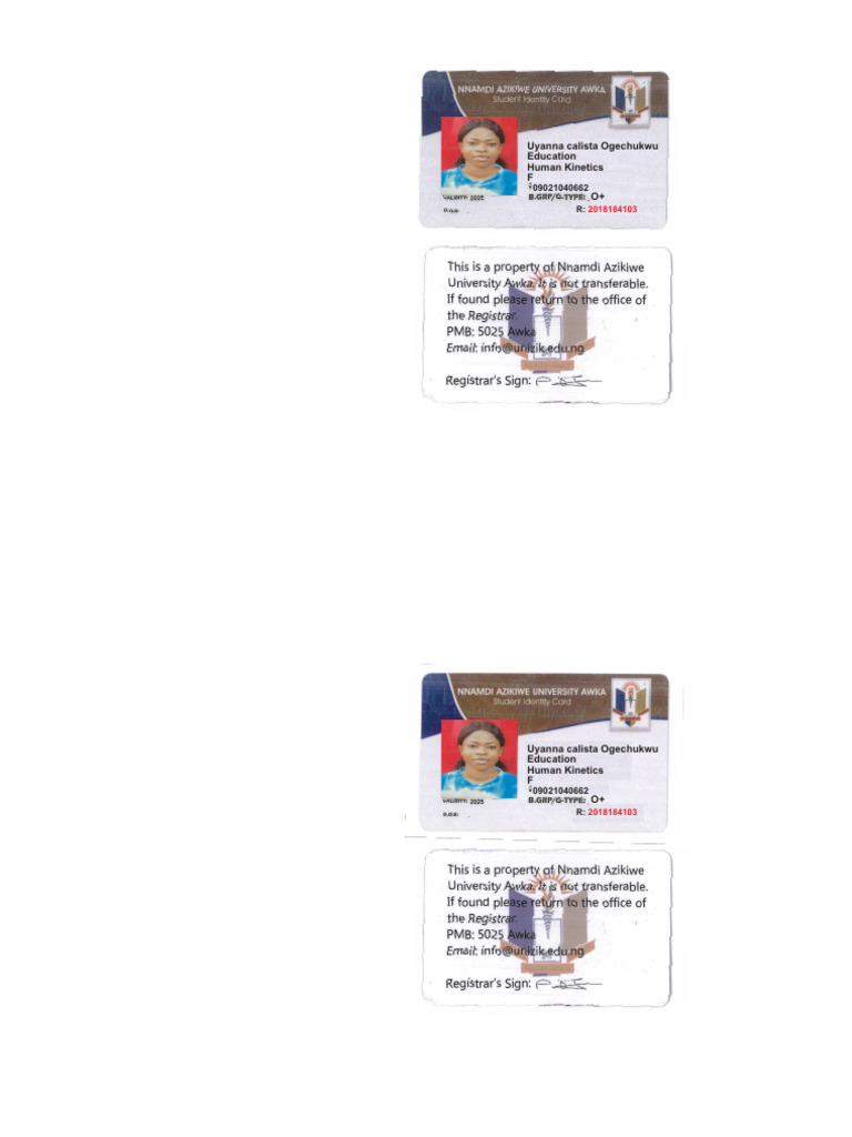 Unizik Student ID Card Details | PDF