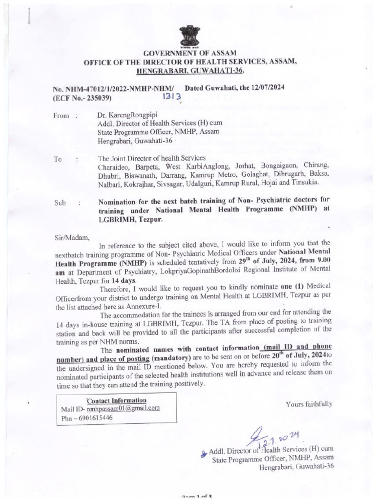 Letter For MO Training Under NMHP | PDF