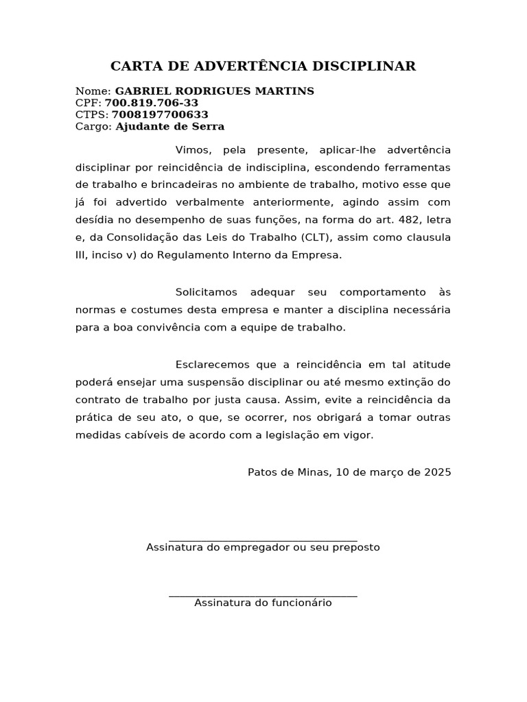 Carta de Advertência Disciplinar | PDF