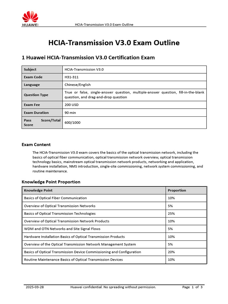 HCIA-Transmission V3.0 Exam Outline | PDF | Fiber Optic Communication | Wavelength Division ...