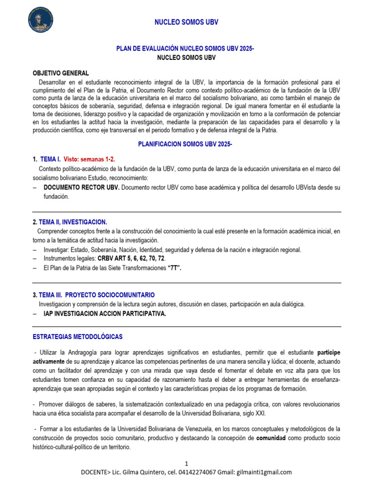 Plan de Evaluación UBV 2025-I | PDF | Enseñando | Aprendizaje