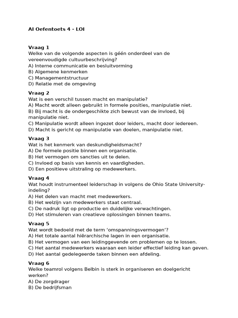 LOI - Leidinggeven - AI Oefentoets 4 | PDF