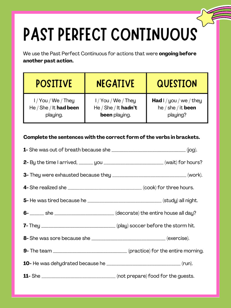 Past Perfect Continuous Worksheet in Green Pink Retro Style | PDF