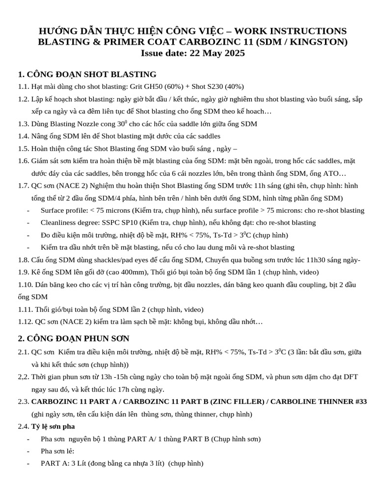Work Instructions of Blasting & Primer Coat - SDM Kingston 20250522 | PDF