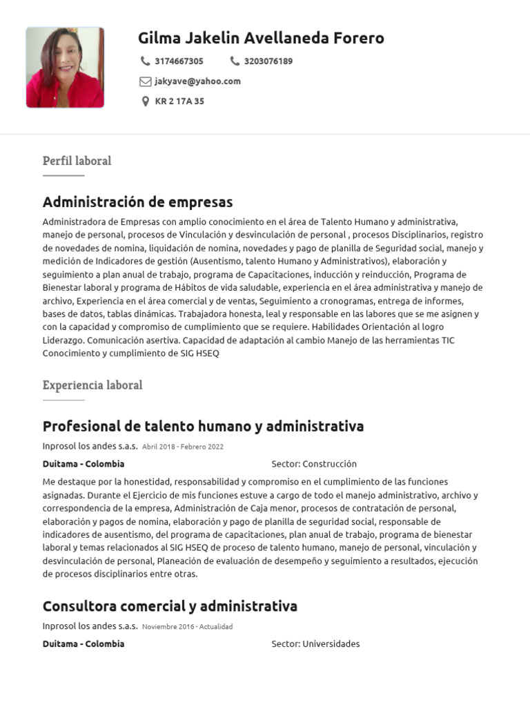 C.V. Gilma Jakelin Avellaneda Forero. | PDF | Calidad (comercial) | Economias
