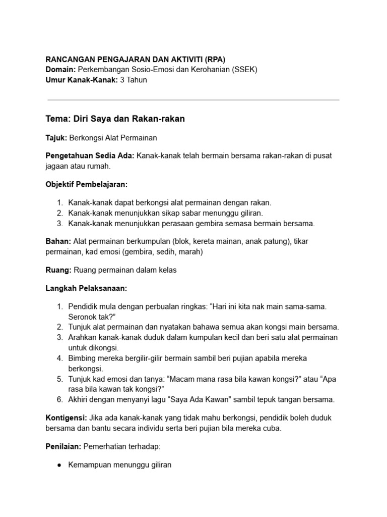 Contoh RPA Perkembangan SSEK 2 | PDF
