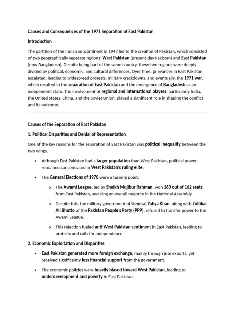 1971 East Pakistan Separation Causes & Effects | PDF | Pakistan ...