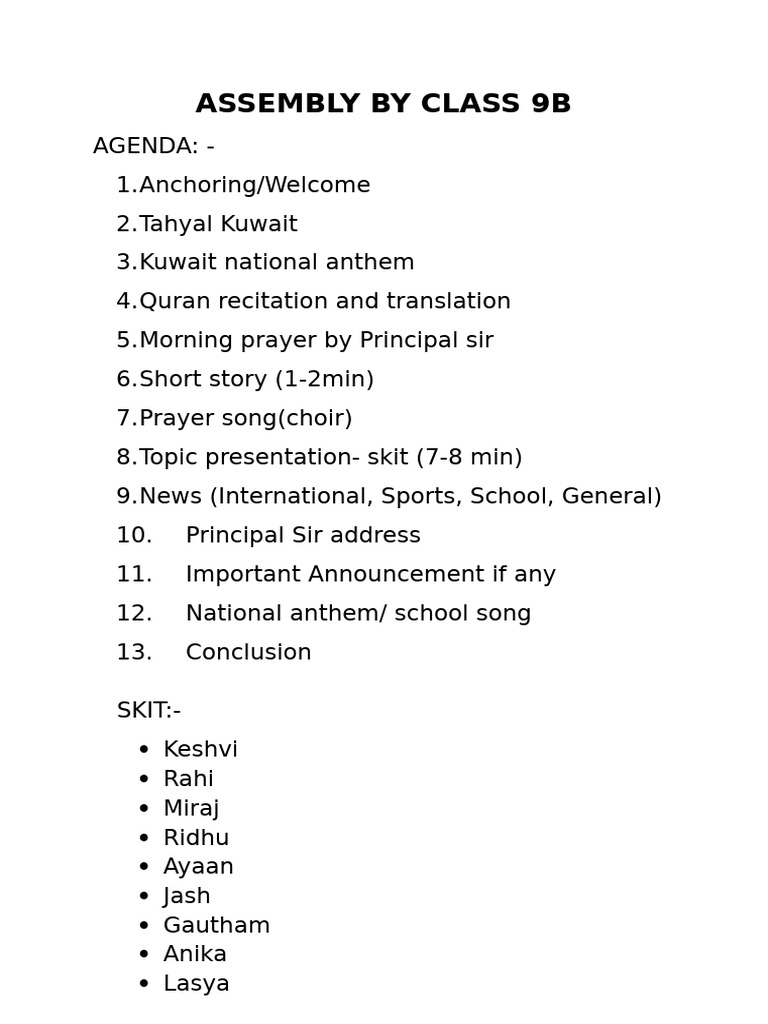Class 9B Assembly Script (Final One) | PDF | Prayer